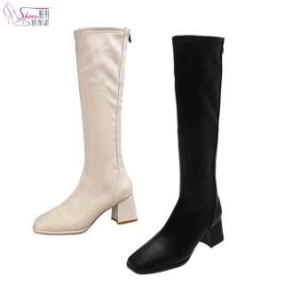 【ShoesClub 鞋鞋俱樂部】簡約素面顯瘦方頭中跟長筒馬靴 女鞋 黑/米 023-LA6925
