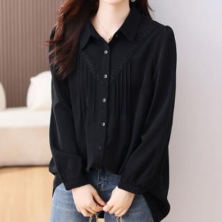 【麗質達人】6337黑色翻領長袖襯衣LY (L-5XL)