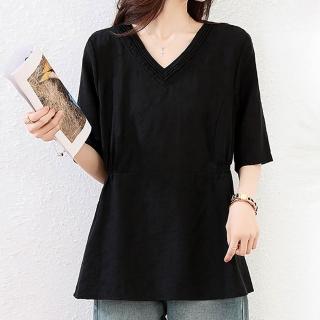【麗質達人】6056黑色V領收腰上衣-LY (L-5XL)