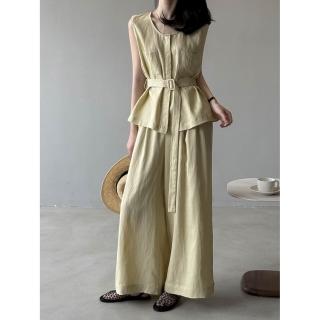 【M select】2025夏季新款 天絲亞麻無袖兩件套 氣質上衣＋鬆緊腰長褲套裝 輕鬆休閒OOTD穿搭組