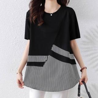 【麗質達人】840條紋拼接假二件上衣-LY (L-5XL)