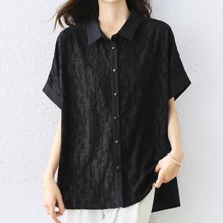 【麗質達人】3359黑色開釦翻領上衣-LY (L-5XL)