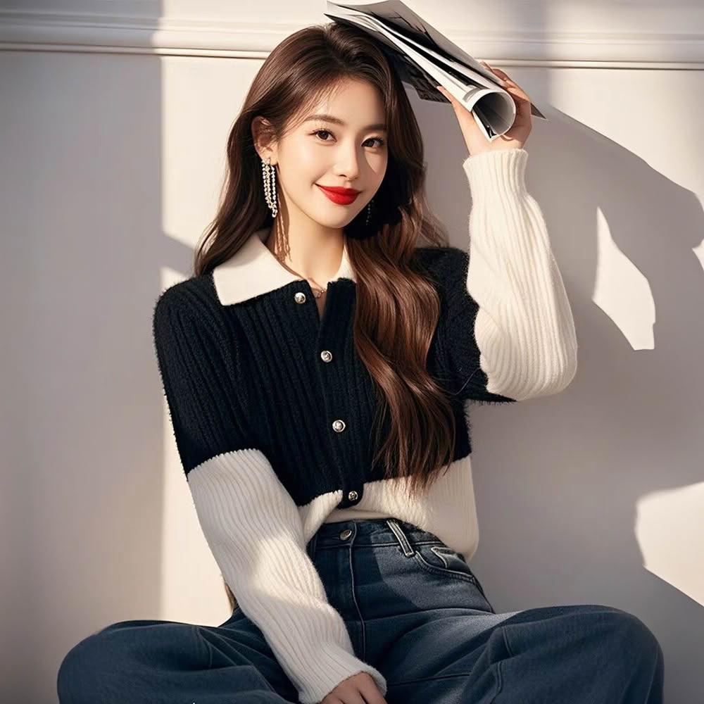 【ROCU 若初】韓系撞色簡約休閒百搭翻領長袖針織毛衣外套女外套-黑色-10285(F可選)