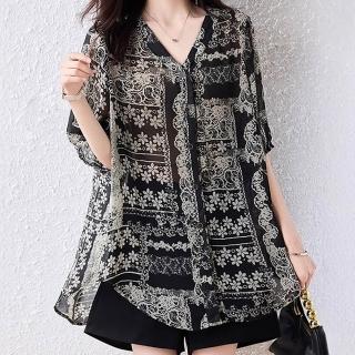 【麗質達人】9982黑色V領雪紡上衣-LY (L-5XL)