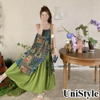 【UniStyle】假兩件吊帶裙 韓系復古印花拼接洋裝 女 ZMD073-66105(綠)