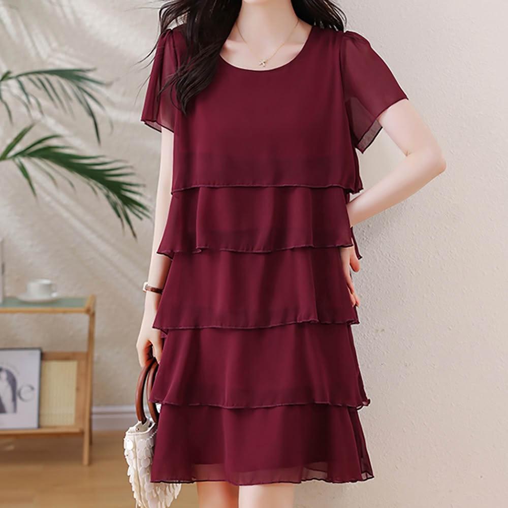 【麗質達人】1816酒紅色蛋糕洋裝-LY (L-5XL)