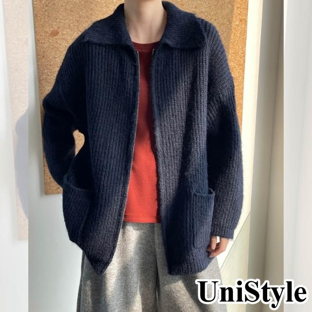 【UniStyle】秋冬翻領長袖毛衣外套 韓版軟糯拉鏈夾克 女 WTMB825(藏青)