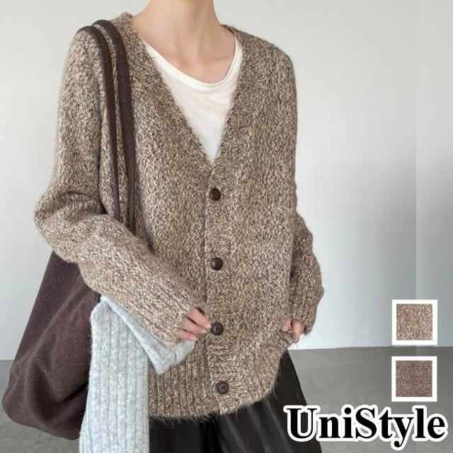 【UniStyle】秋冬V領長袖毛衣外套 韓版寬鬆慵懶風上衣 女 WTMB823(卡其 咖)