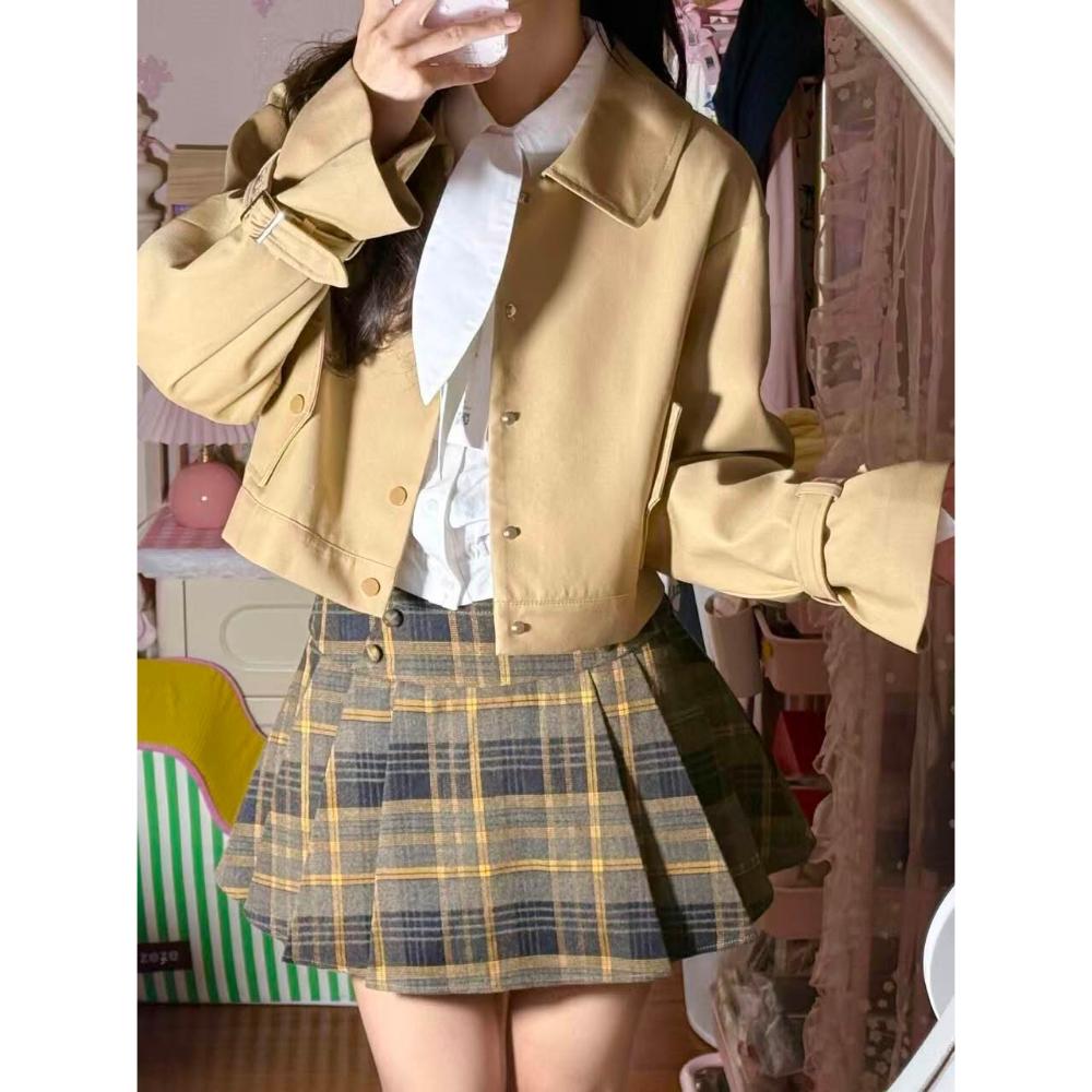 法式學院短款風衣外套女春秋兔耳朵白襯衫氣質休閑格子百褶裙套裝