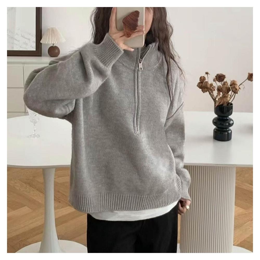 韓版半拉鏈立領毛衣女秋冬新款寬松高級感短款小個子針織衫上衣潮