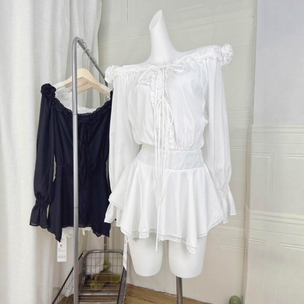 希妍 重工密烤花朵收腰襯衫裙女夏減齡甜美一字肩短裙連衣裙