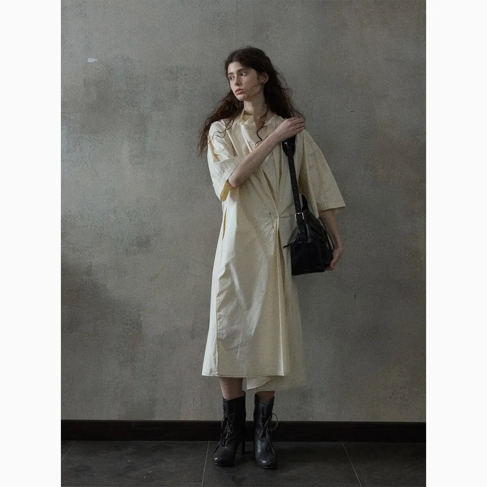 希妍 撞色線不規則連衣裙春夏新款全棉蕩領短袖氣質通勤