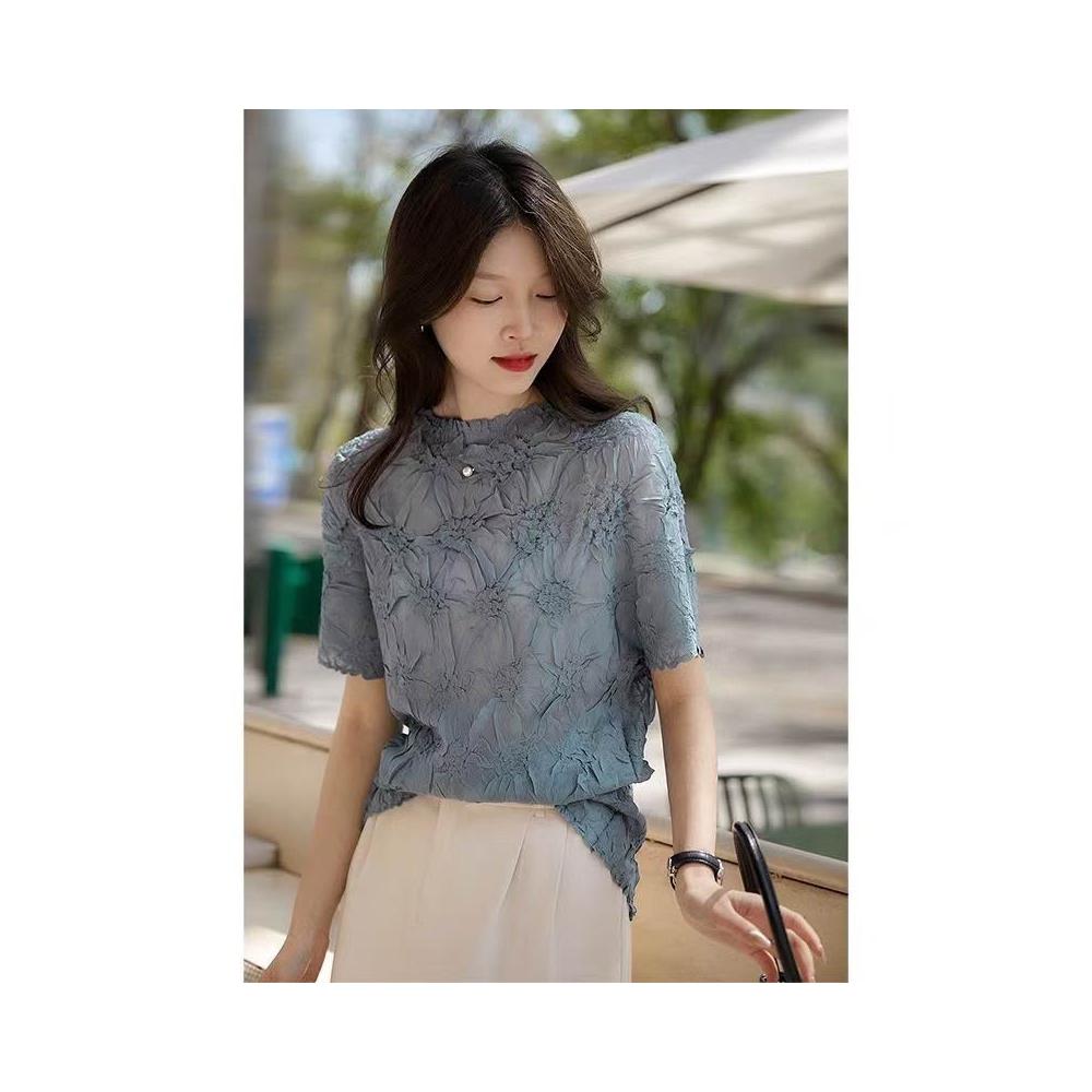 希妍 設計感壓花立領純色短袖T恤氣質百搭褶皺上衣女夏季新款