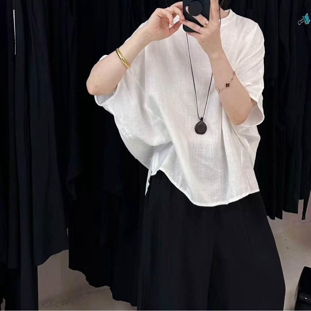 希妍 夏季新款2025年寬松百搭圓領立體裁剪顯瘦蝙蝠袖短袖T恤亞麻上衣