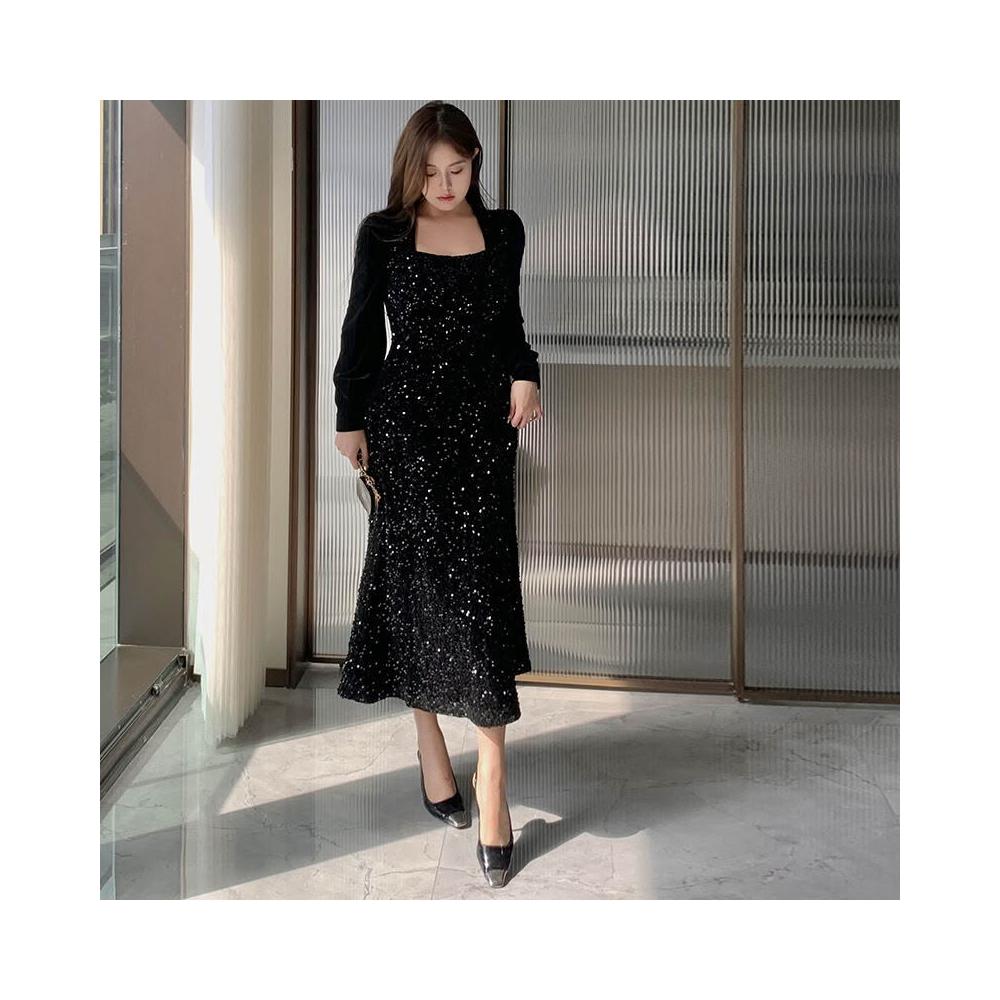 比比優 大碼女裝 大碼女裝胖 顯瘦連衣裙氣質法式亮片禮服裙200斤顯瘦魚尾裙1701 洋裝