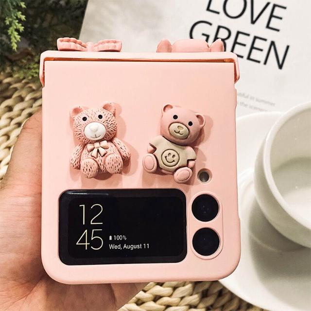 適用三星zflip3手機殼粉色小熊zflip4保護套新款鉸鏈女全包卡通硬
